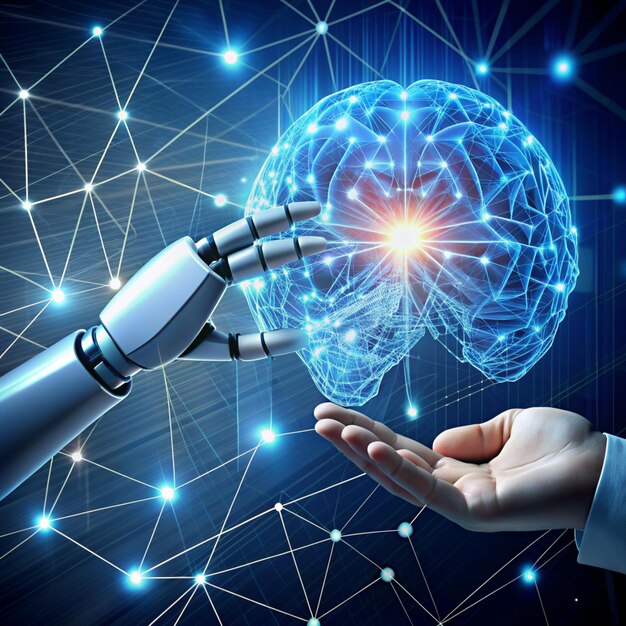 Machine learning Hand touch a robot on network and binary data Futuristic Artificial ...