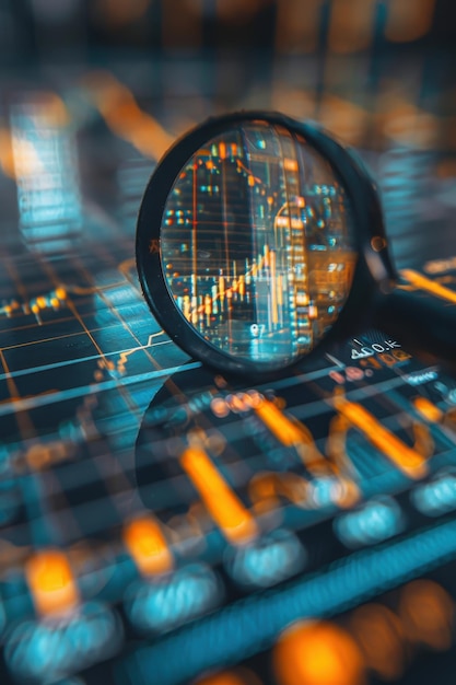Magnifying Glass Analyzing Financial Data On Digital Screen With Stock