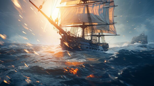 Majestic traditional sailing ship elegantly navigating through the ... Majestic traditional sailing ship elegantly navigating through the ...