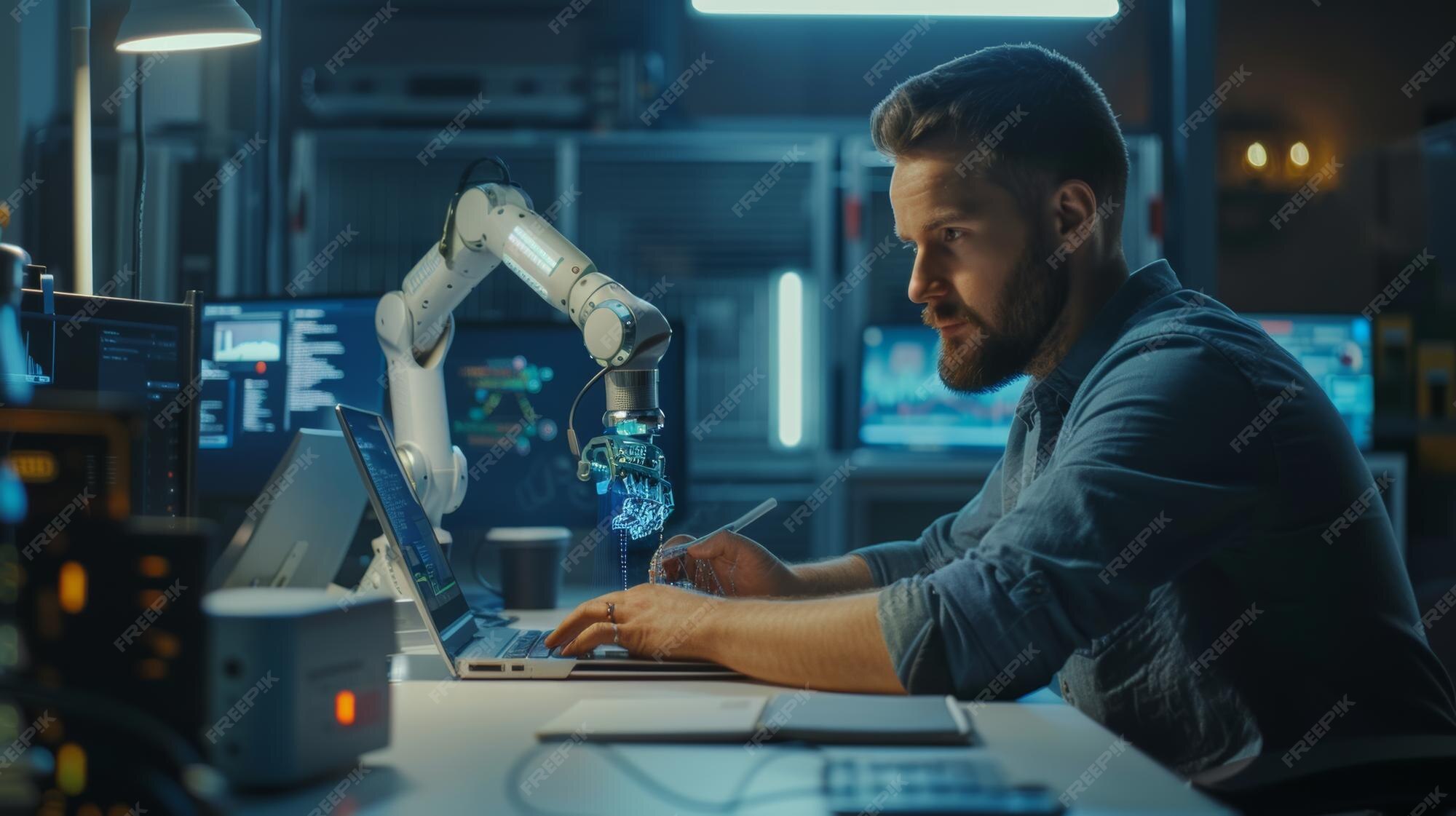 Premium Photo | A male developer is programming a robotic arm on a laptop Robotics Engineer is ...