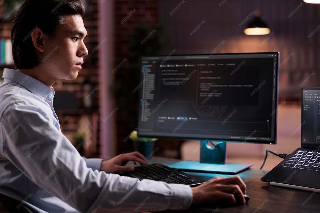 Premium Photo | Male freelancer developing app software on computer, working with binary code ...