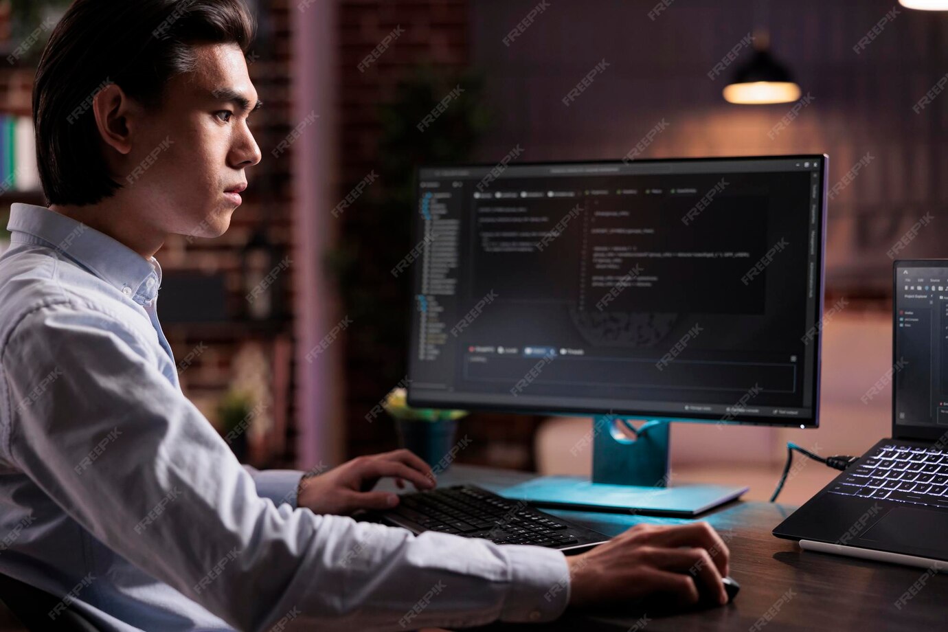 Premium Photo | Male freelancer developing app software on computer, working with binary code ...