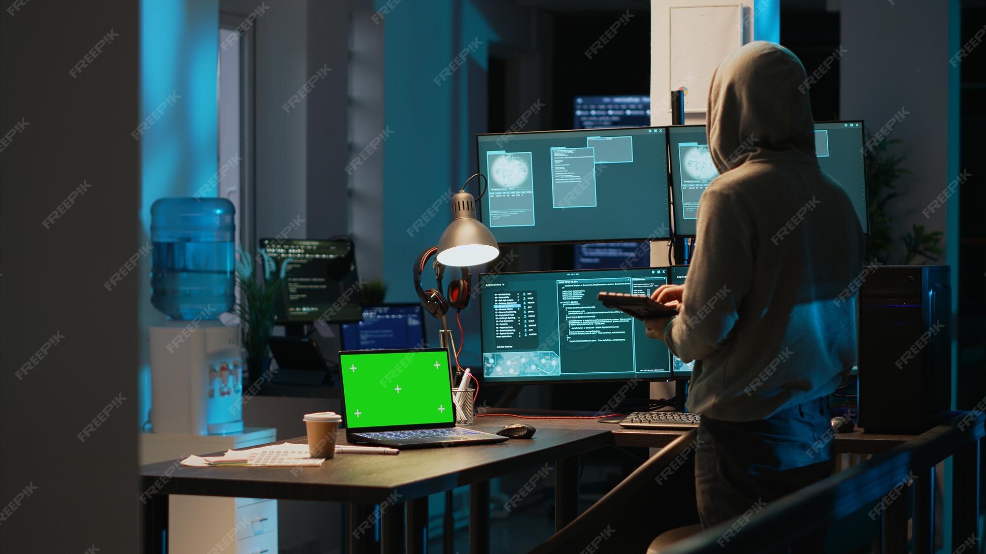 Premium Photo | Male hacker using greenscreen to break into IT server, coding and programming on ...