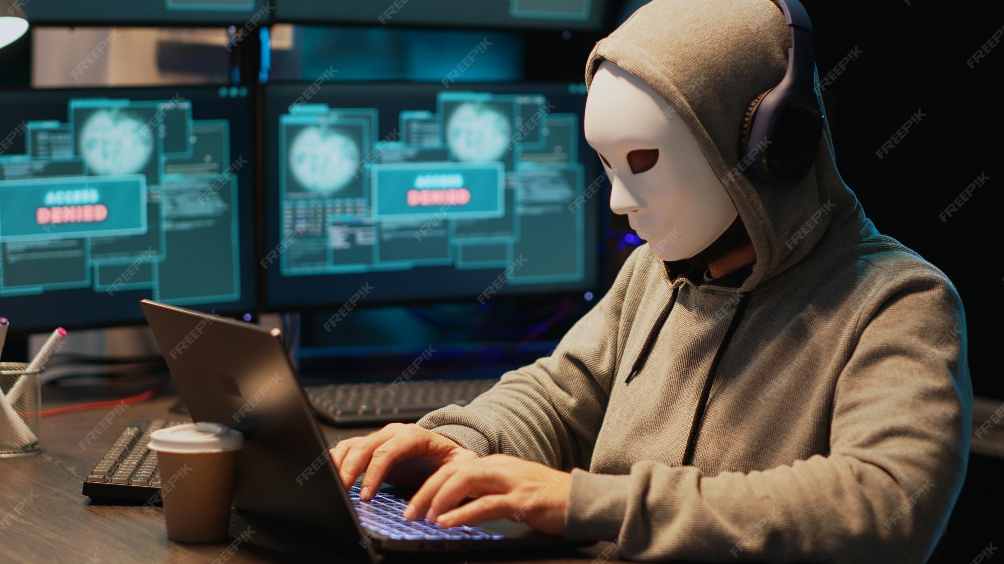 Premium Photo Male Masked Scammer Stealing Information From Database Program Hacking Computer