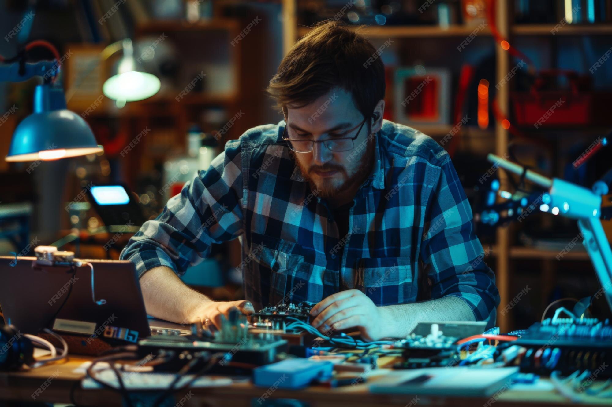 Premium Photo | A male programmer creates robotics an arduino board ...