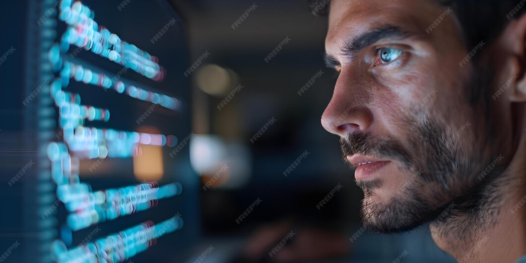 Male programmer working on coding a cybersecurity script in an office ...