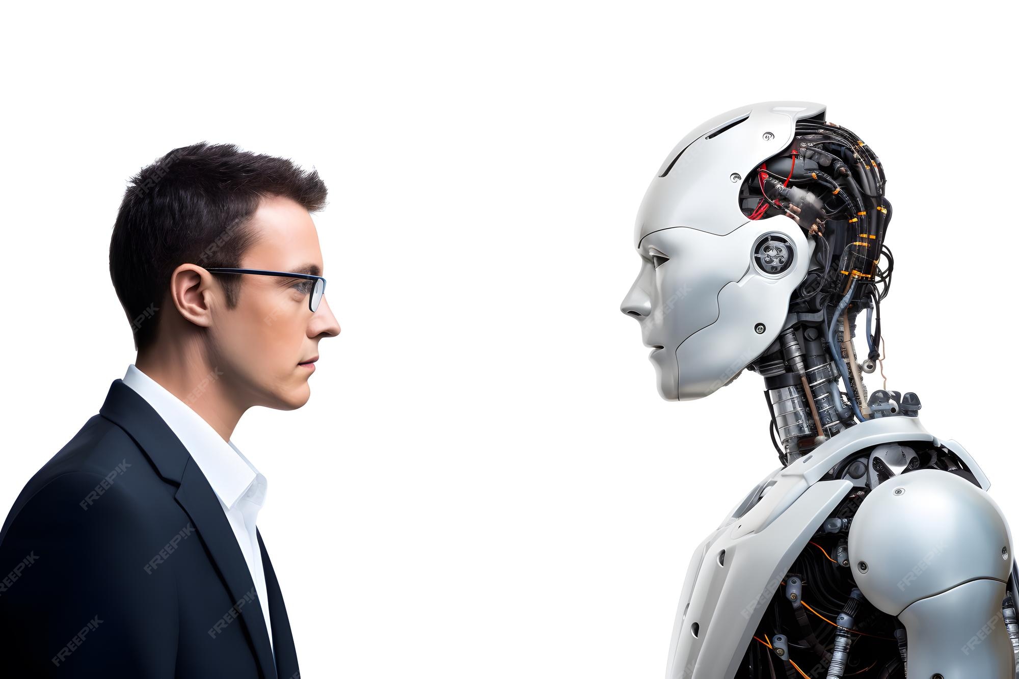 Premium AI Image | Man and AI robot look at each other Concept and idea ... Premium AI Image | Man and AI robot look at each other Concept and idea ...