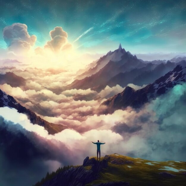 Premium Photo | A man arms outstretched stands on the mountain top Premium Photo | A man arms outstretched stands on the mountain top