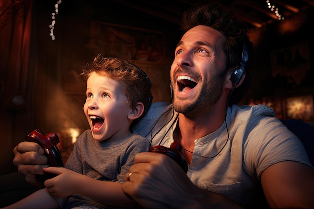 Premium Photo | A man and a boy are laughing while playing a video game Premium Photo | A man and a boy are laughing while playing a video game