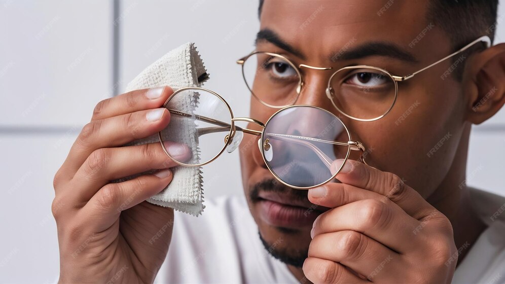Premium Photo Man Cleaning The Glasses With Microfiber Fabric