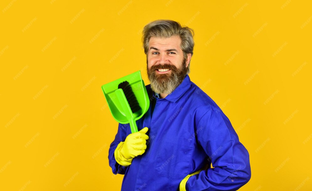 Premium Photo Man Cleaning Home With Broom Janitor Man Sweeping Spring Cleaning Cleaning