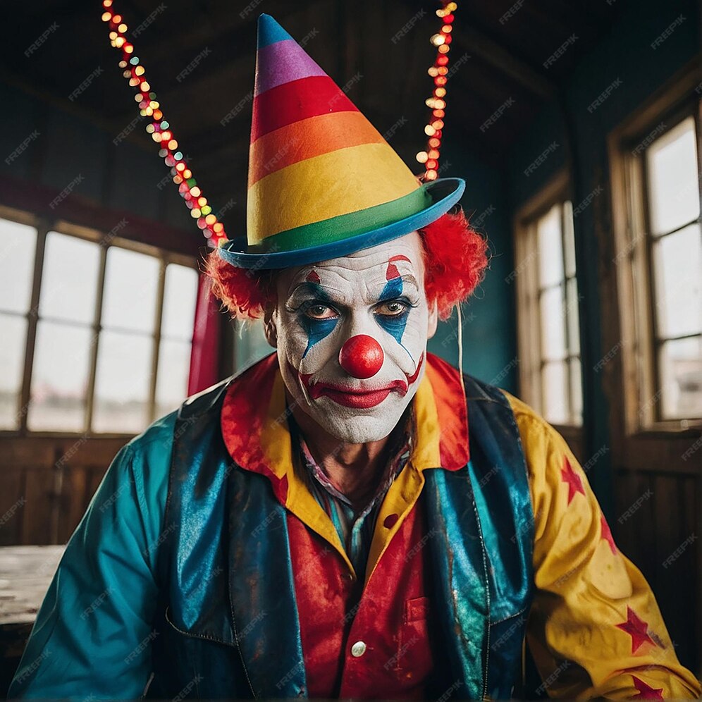 A Man Clown With A Rainbow Hat And A Rainbow Colored Hat Premium Ai Generated Image
