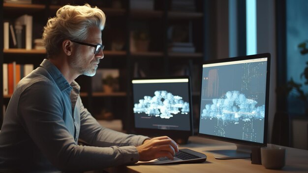 Premium Photo | Man at computer working on computer using computer ...
