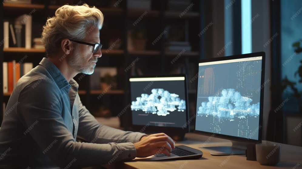 Premium Photo | Man at computer working on computer using computer ...