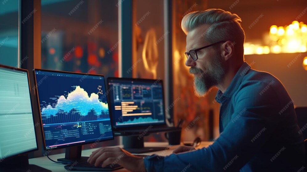 Premium Photo | Man at computer working on computer using computer ...