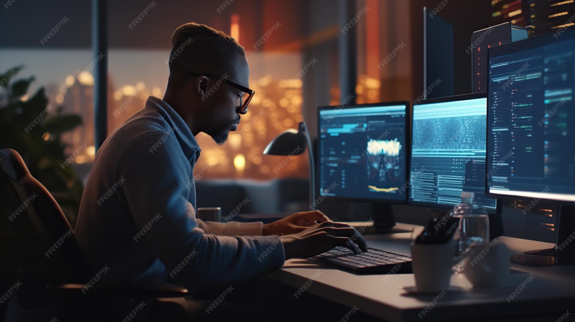 Man at computer working on computer using computer computer modeling ...