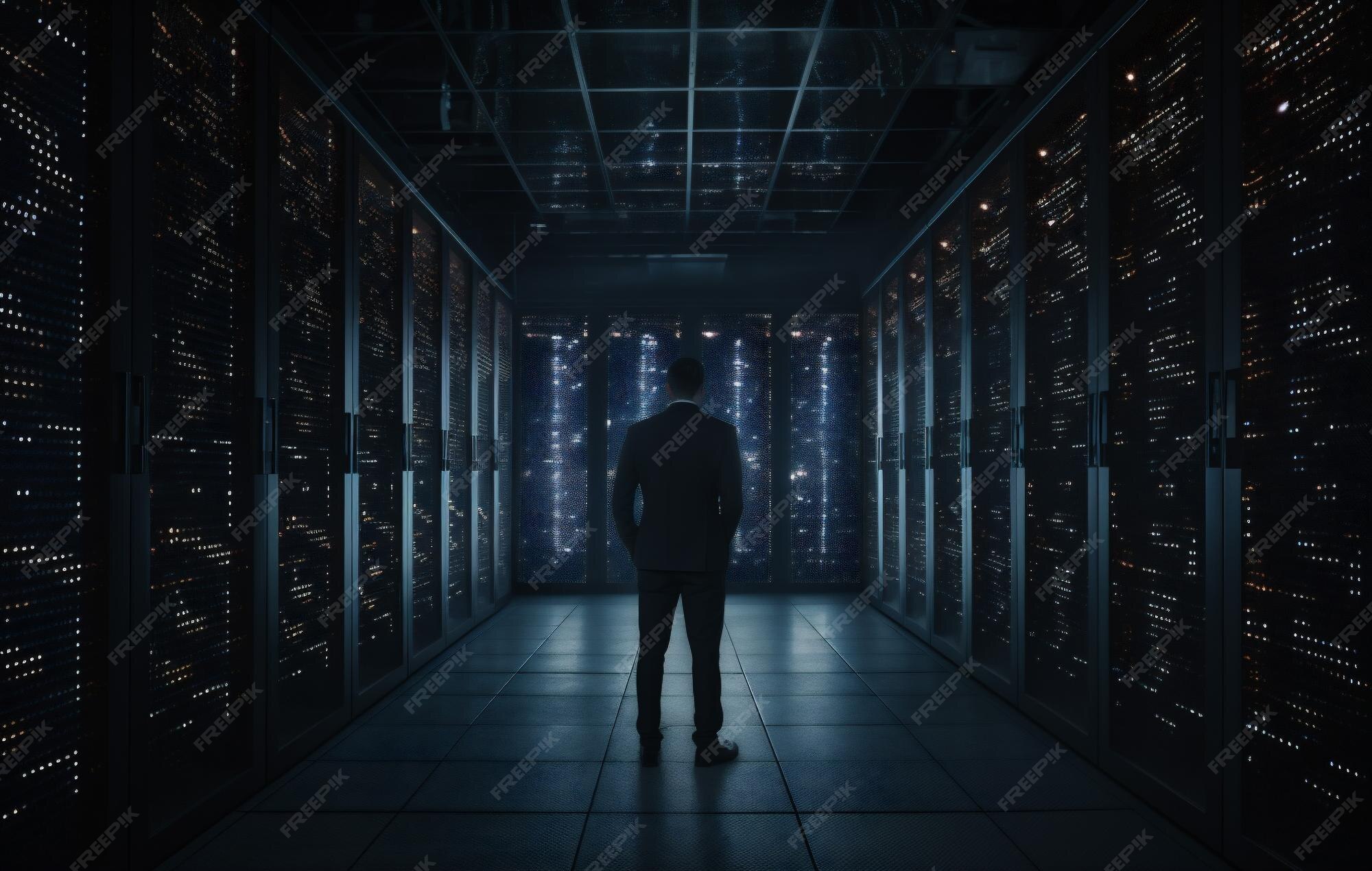 Premium Ai Image Man Datum System Server Center Storage Data Connection Network Computer Rack