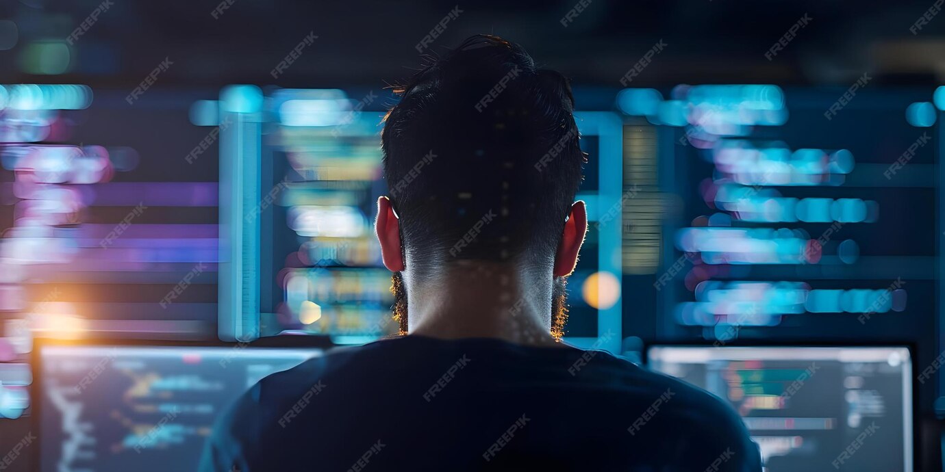 Man developing software through hard work and coding focusing on ...