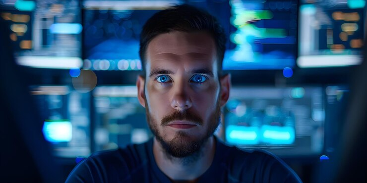 Man Develops Software By Coding And Programming Computer Systems With 3692