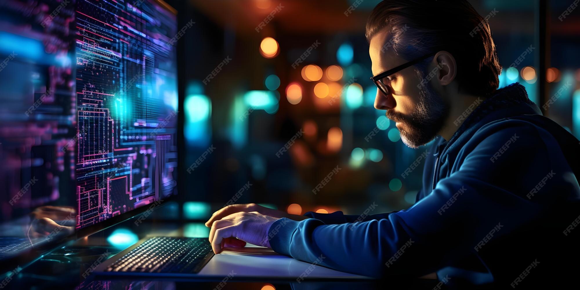 Man diligently learns programming absorbing knowledge and refining skills in software ...