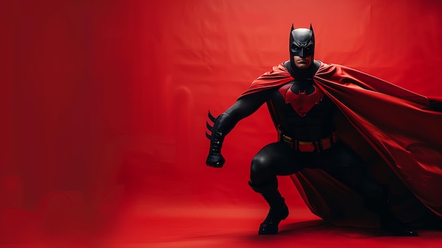 Premium Photo A Man Dressed As Batman In A Heroic Pose With A Red