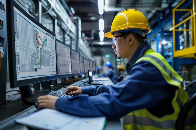 Premium Photo | A man in a factory setting is analyzing data on a ...