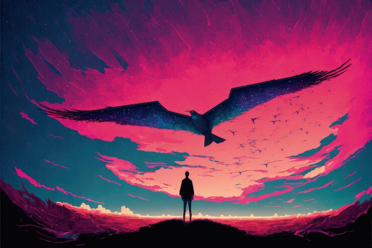 Premium Photo Man On The Giant Bird Flying In The Evening Sky Digital Art Style Illustration