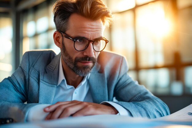 Premium Photo A Man In Glasses Looking At A Document