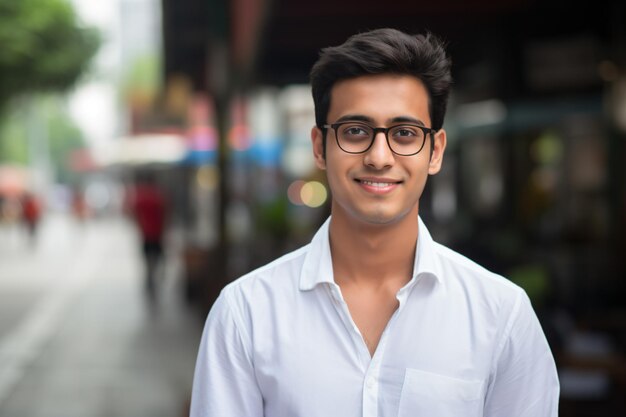 Premium Ai Image A Man In Glasses Standing On A City Street