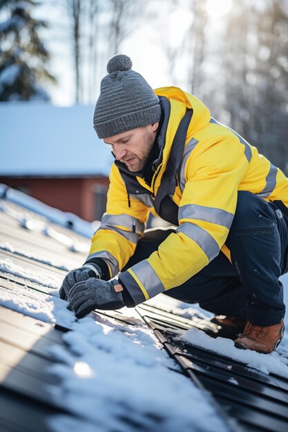 Premium Ai Image Man Installing Solar Panel On Roof At Winter