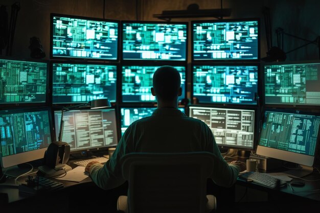 Premium Photo | A man is seated in front of several computer monitors focused and engaged in his ...