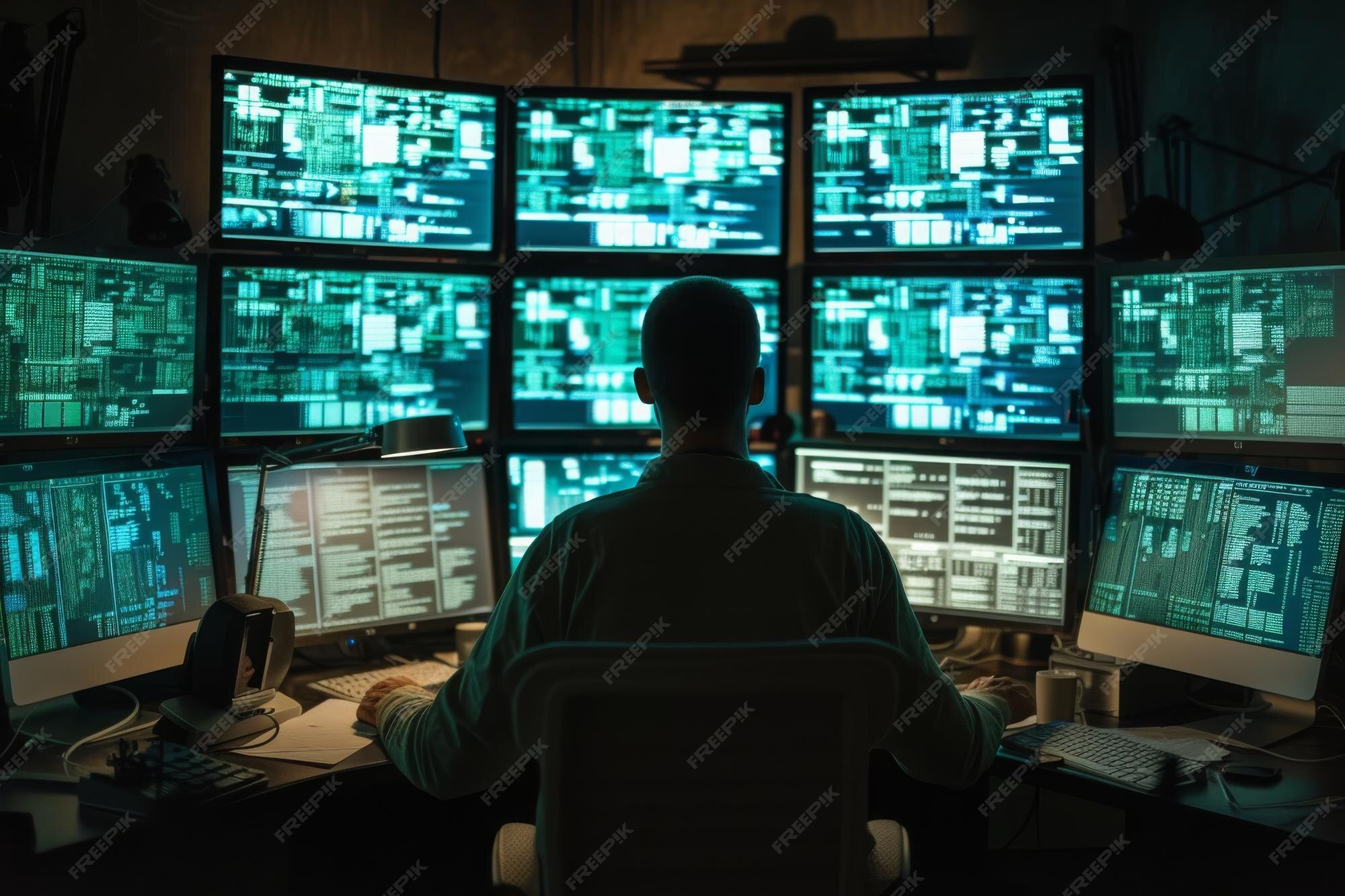 Premium Photo | A man is seated in front of several computer monitors ...