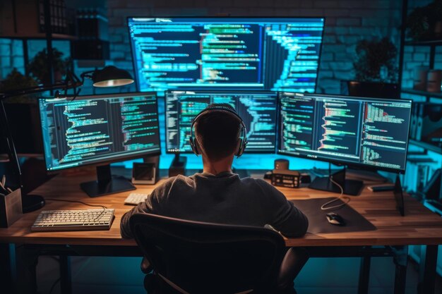 A man is seen sitting at a desk engaged in work with multiple computer screens displaying ...