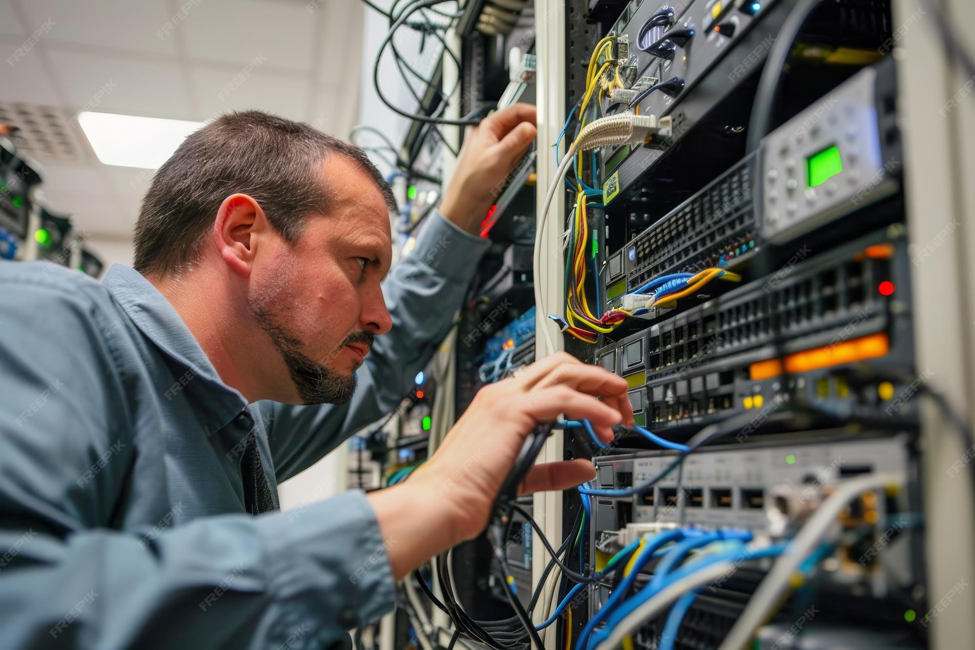 A man is working on a server in a server room configuring network settings and security ...