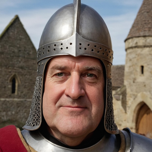 A Man In A Knight Armor Stands In Front Of A Castle Premium Ai Generated Image