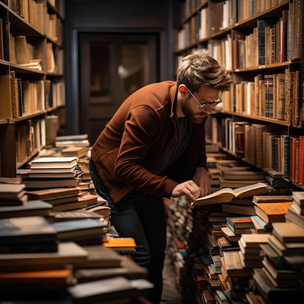Premium Photo | A man looking through books in a library Premium Photo | A man looking through books in a library