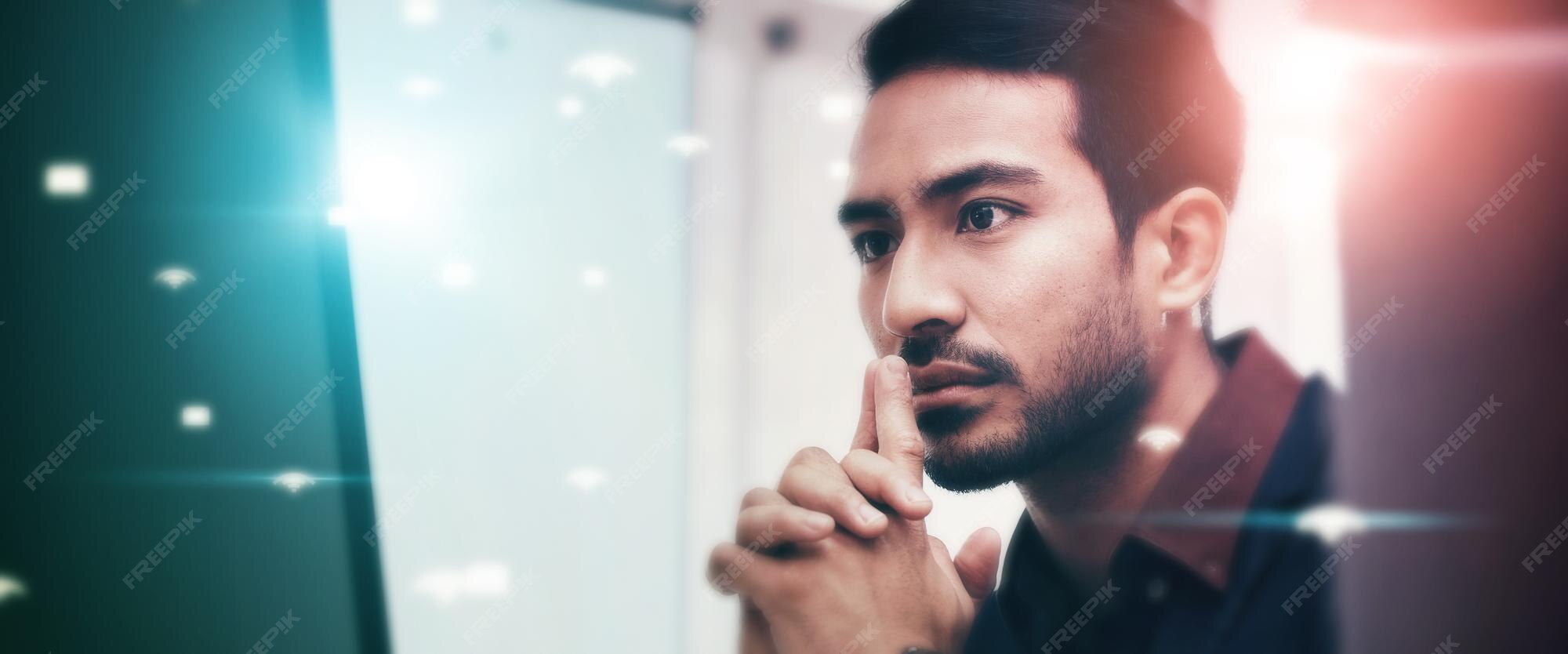 Premium Photo | Man office and night by overlay thinking and web design innovation by 3d ...