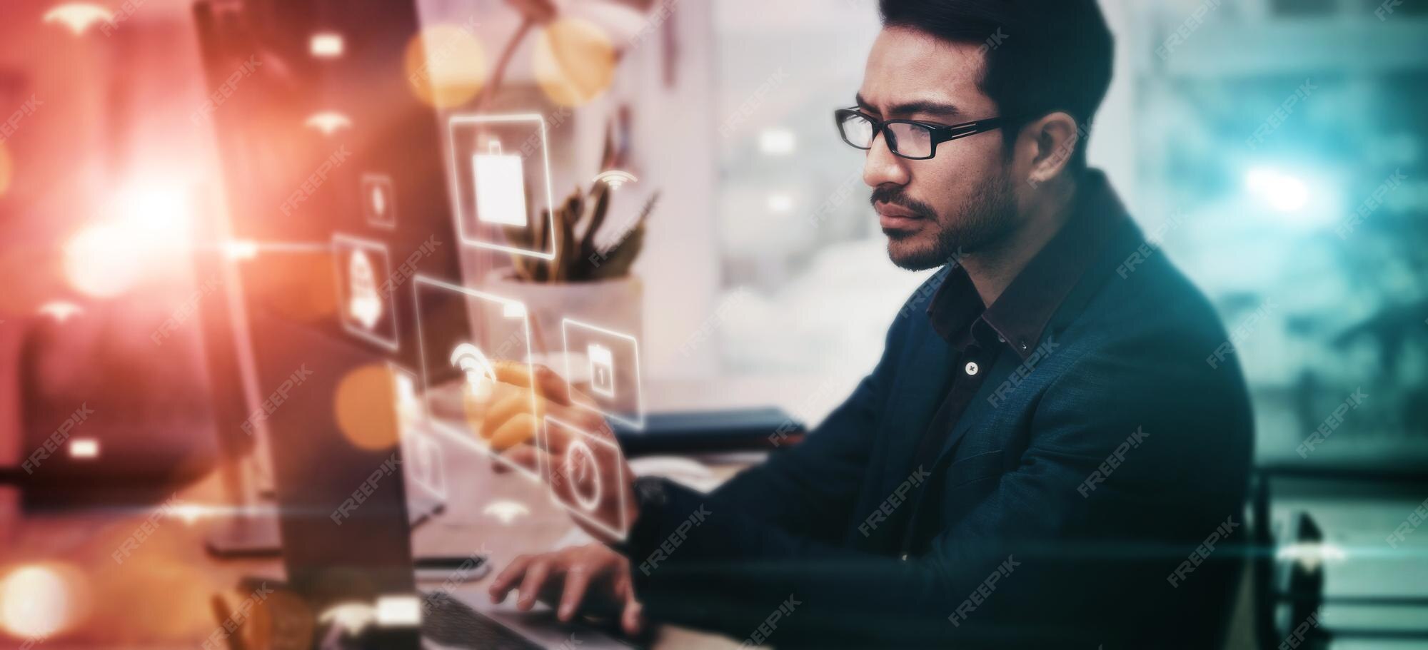 Premium Photo | Man office and night with overlay laptop and web design ...
