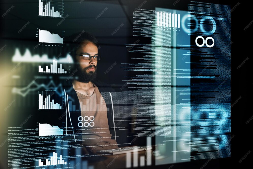 Premium Photo | Man overlay and programming with coding software and ...