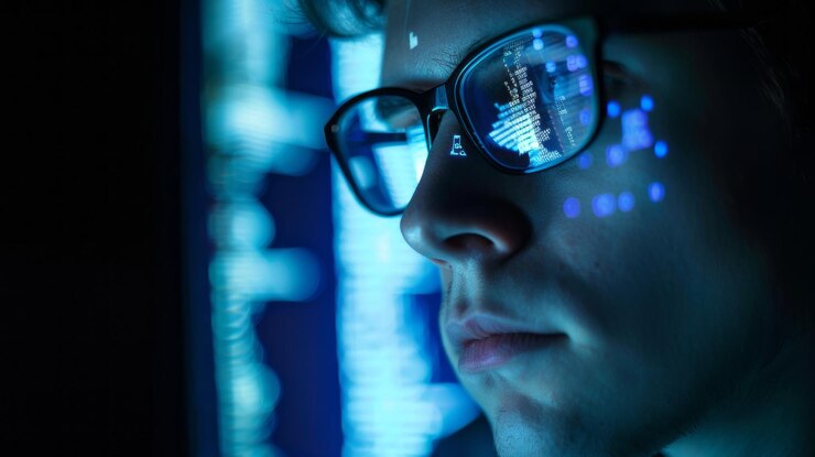 A Man A Programmer An It Specialist A Hacker Reading An Html Script Thinking About Data Analysis