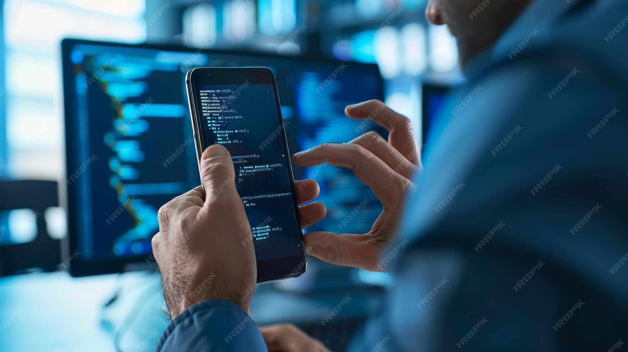 Premium Photo | Man programmer software engineer using mobile smartphone with computer code for ...