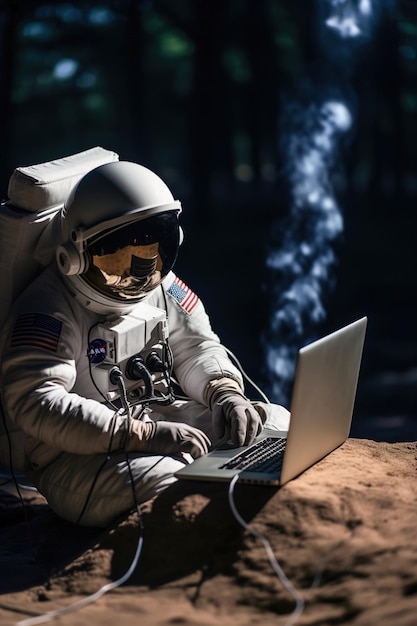 A man programmer in a spacesuit coding using a laptop computer on the ...