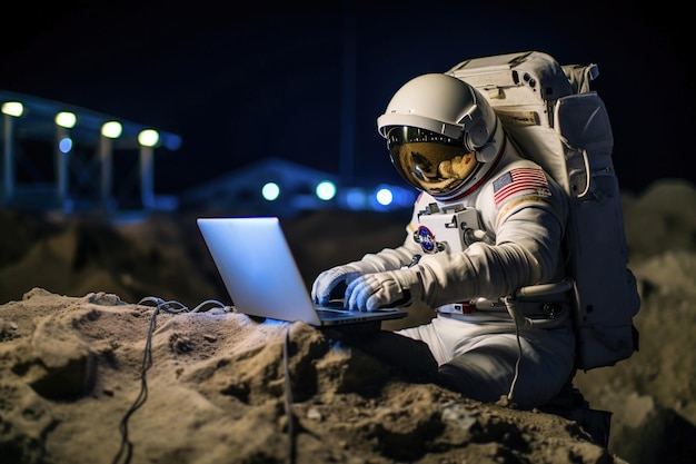 Premium Photo A Man Programmer In A Spacesuit Coding Using A Laptop 4214