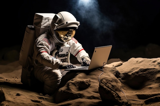 Premium Photo A Man Programmer In A Spacesuit Coding Using A Laptop 2455