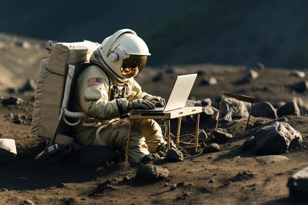 Premium Photo A Man Programmer In A Spacesuit Coding Using A Laptop 9364