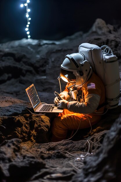 A man programmer in a spacesuit coding using a laptop computer on the ...