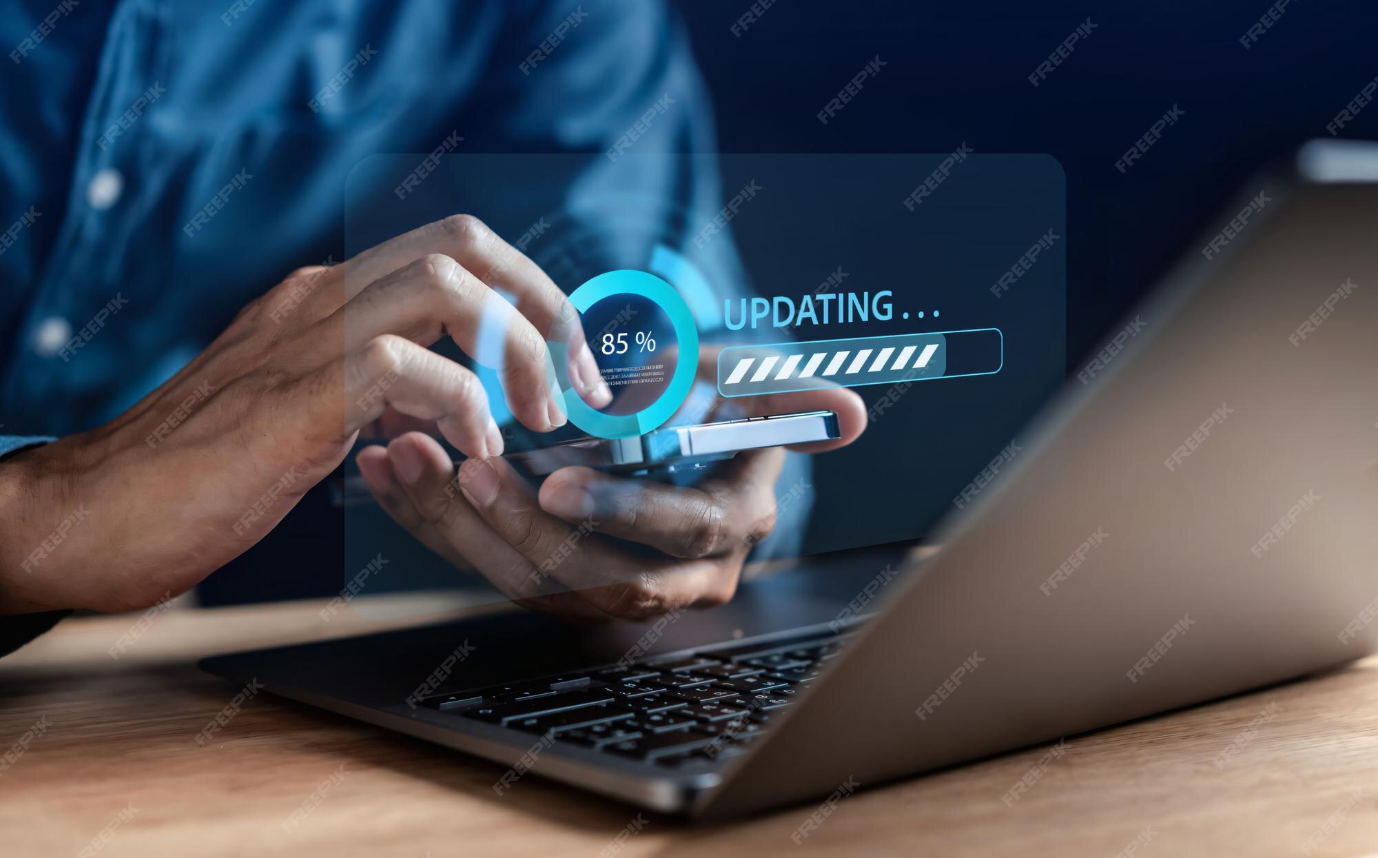 Premium Photo | Man programmer update software system with loading information upgrade version ...