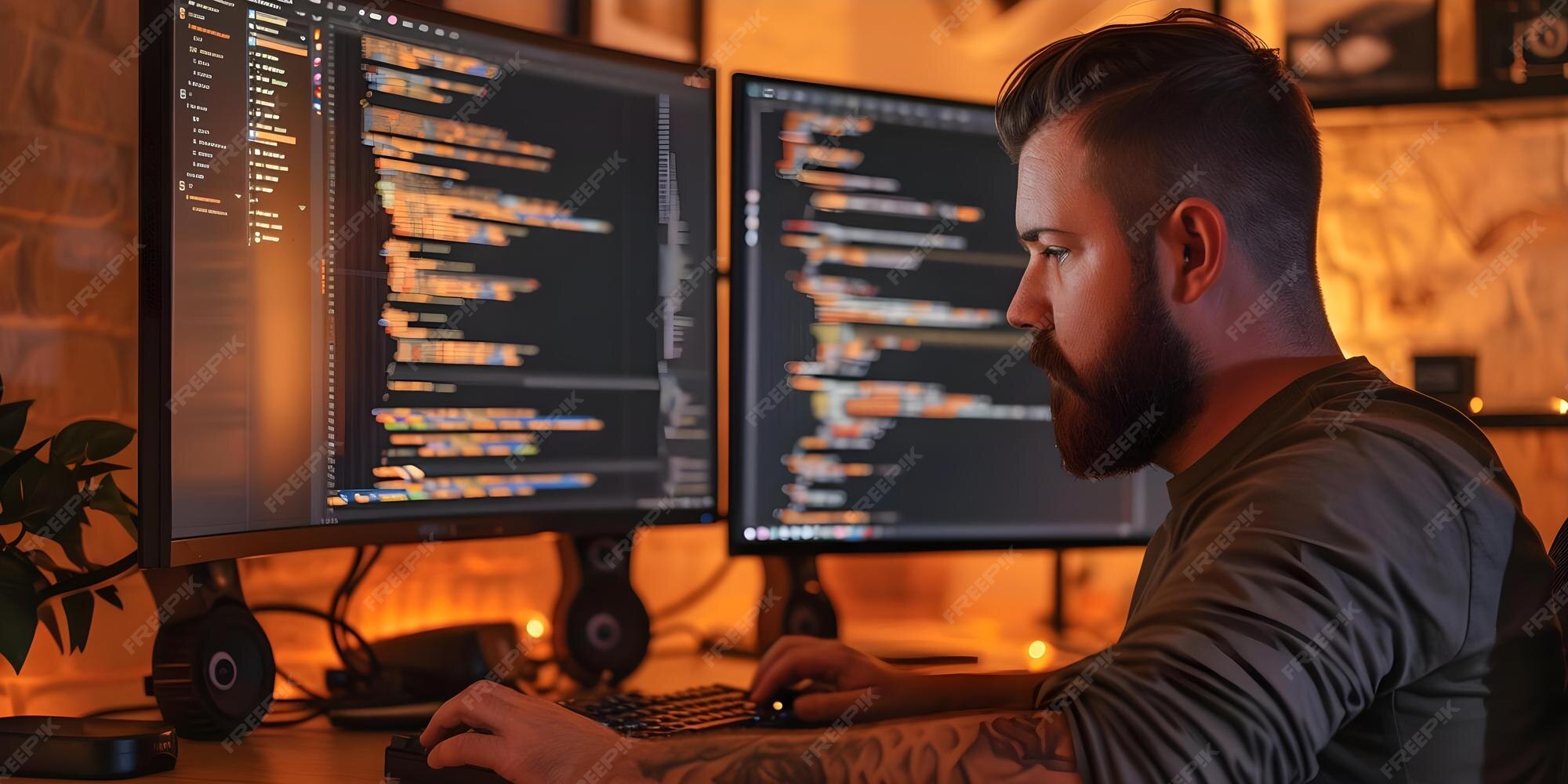 Man Programming With Two Monitors In A Dimly Lit Room Concept Programming Technology Workspace