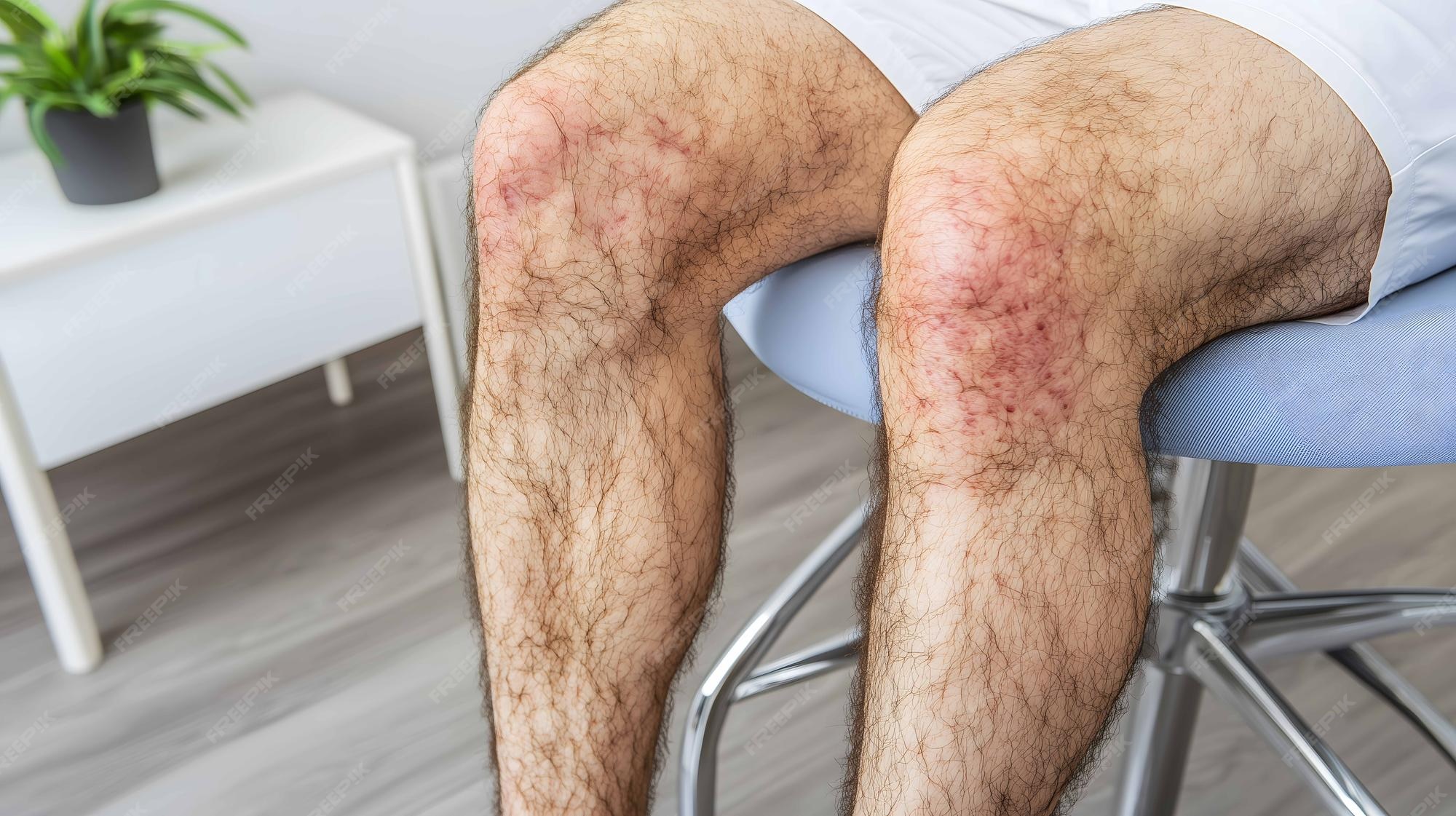 Man Showing Red Rash On Knees Sitting On Examination Chair In Medical Office Premium Ai