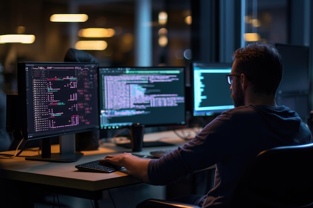 A Man Sits In Front Of Three Computer Monitors Working Diligently On